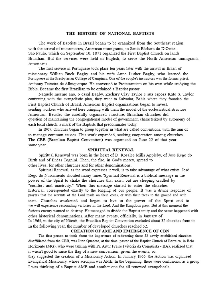 History of National Baptists in Brazil | PDF | Baptists | Evangelicalism