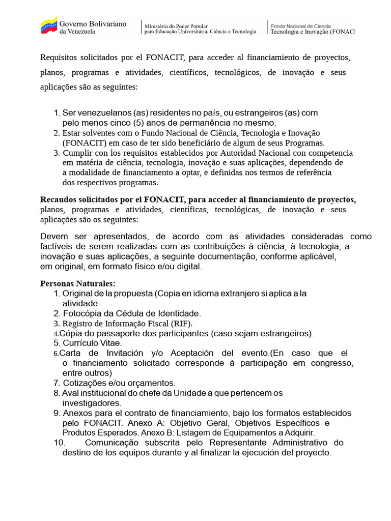 Requisitos para Financiamento FONACIT | PDF | Science | Inovação