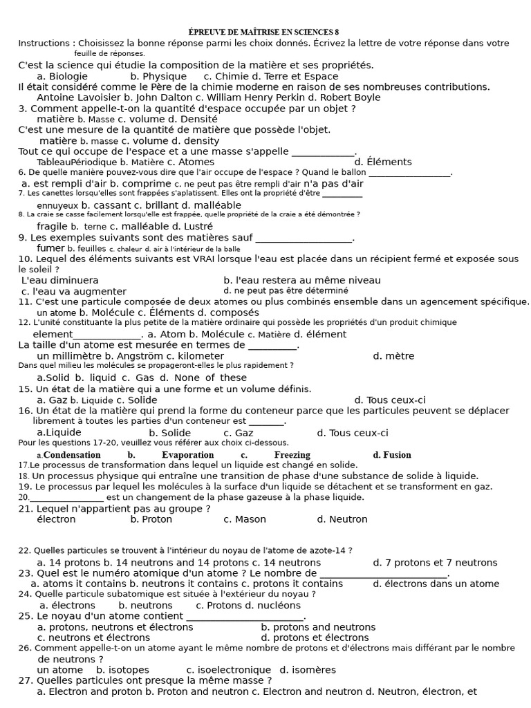 Épreuve de maîtrise en sciences 8 | PDF | Proton | Atomes