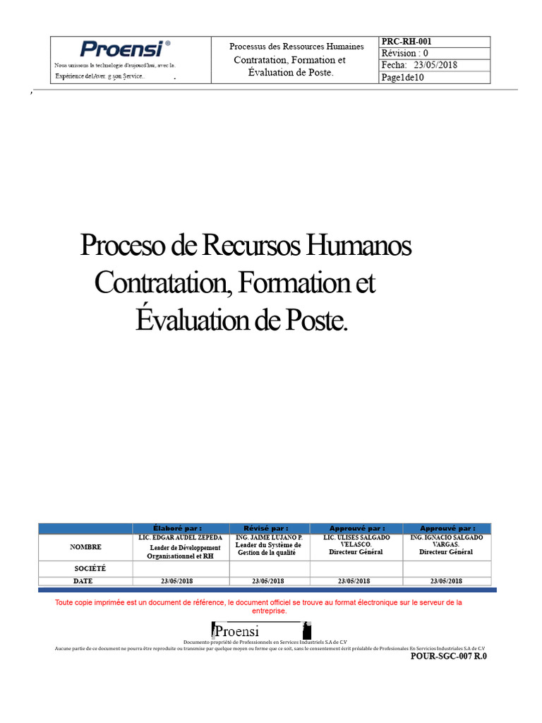 PRC-RH-001 Processus Ressources Humaines Recrutement, Formation Et ...
