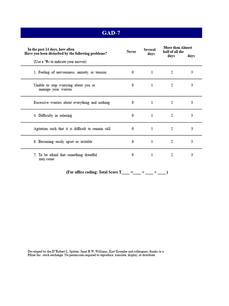 GAD-7 Anxiety Questionnaire | PDF