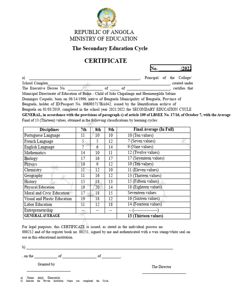 Angola Secondary Education Certificate | PDF | Identity Document ...