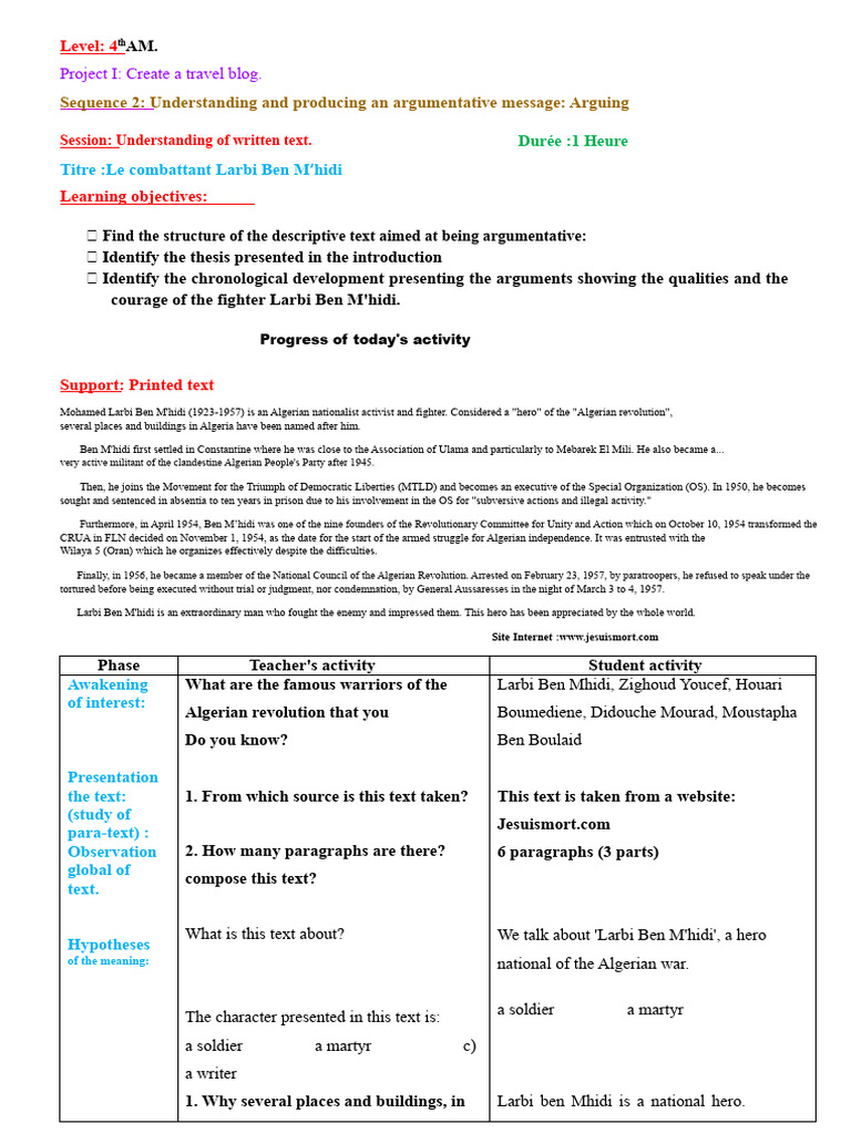 Understanding of written text 4AM P1 S2 | PDF | Algeria