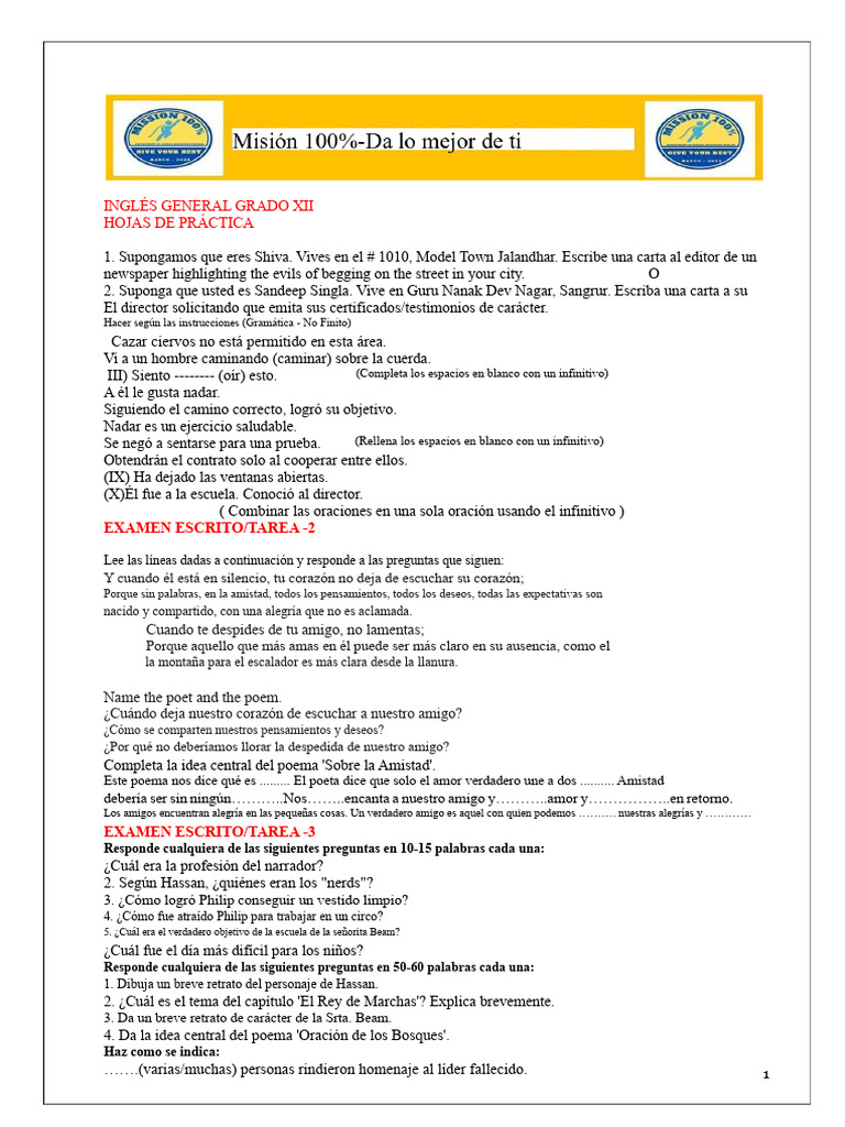 Hojas de Práctica de Revisión Clase 12 | PDF | Amor | Helen Keller