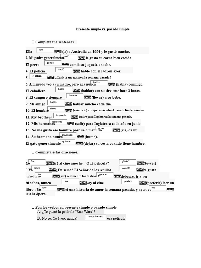 ¡Tarea! Presente Simple vs. Pasado Simple | PDF