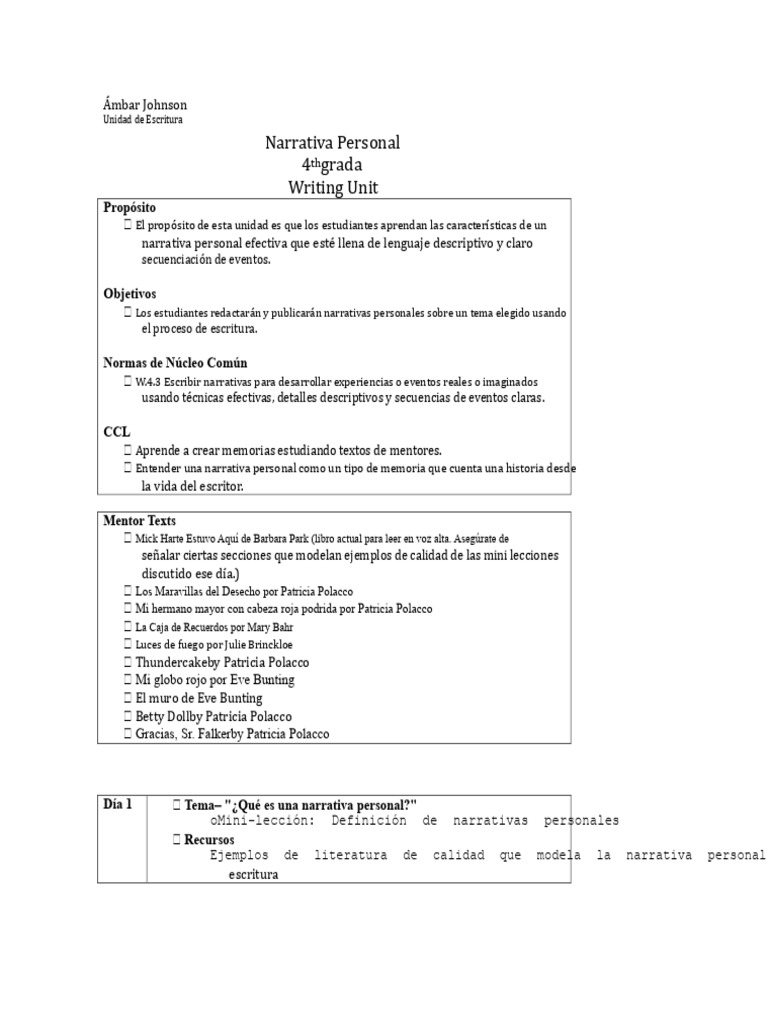Unidad de Escritura de Narrativa Personal | PDF | Educación en artes ...