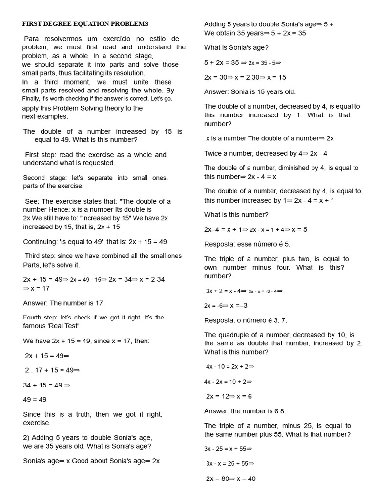 First Degree Equation Problems | PDF | Equations | Mathematics