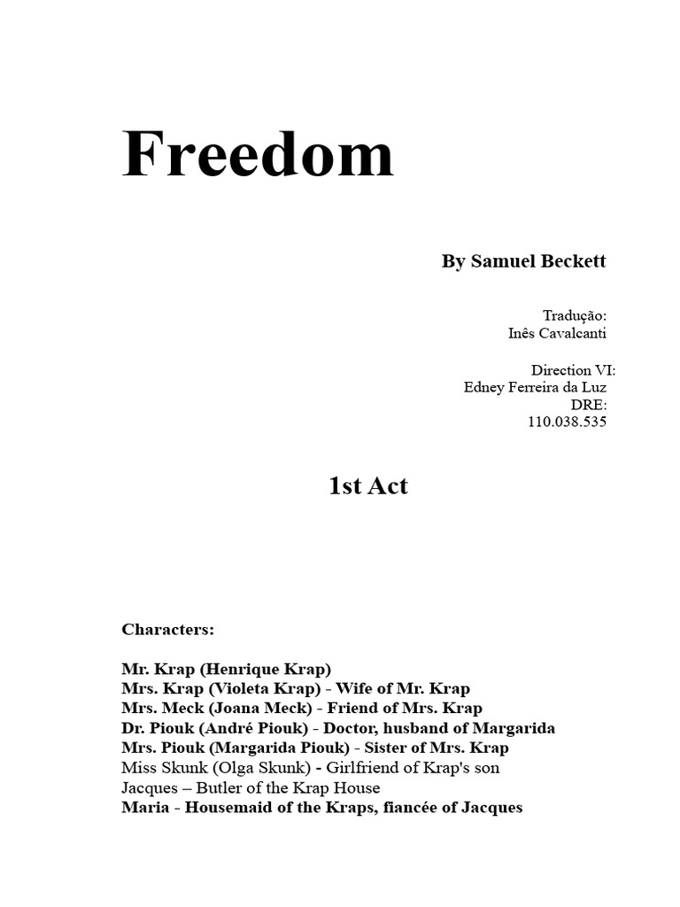 Text Play Actors - Eleuthéria - Samuel Beckett - Direction VI - Edney ...