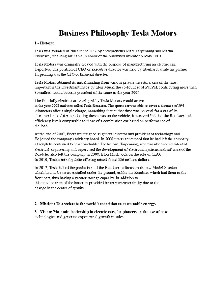 Tesla Motors Business Philosophy Overview | PDF | Electric Car | Vehicles