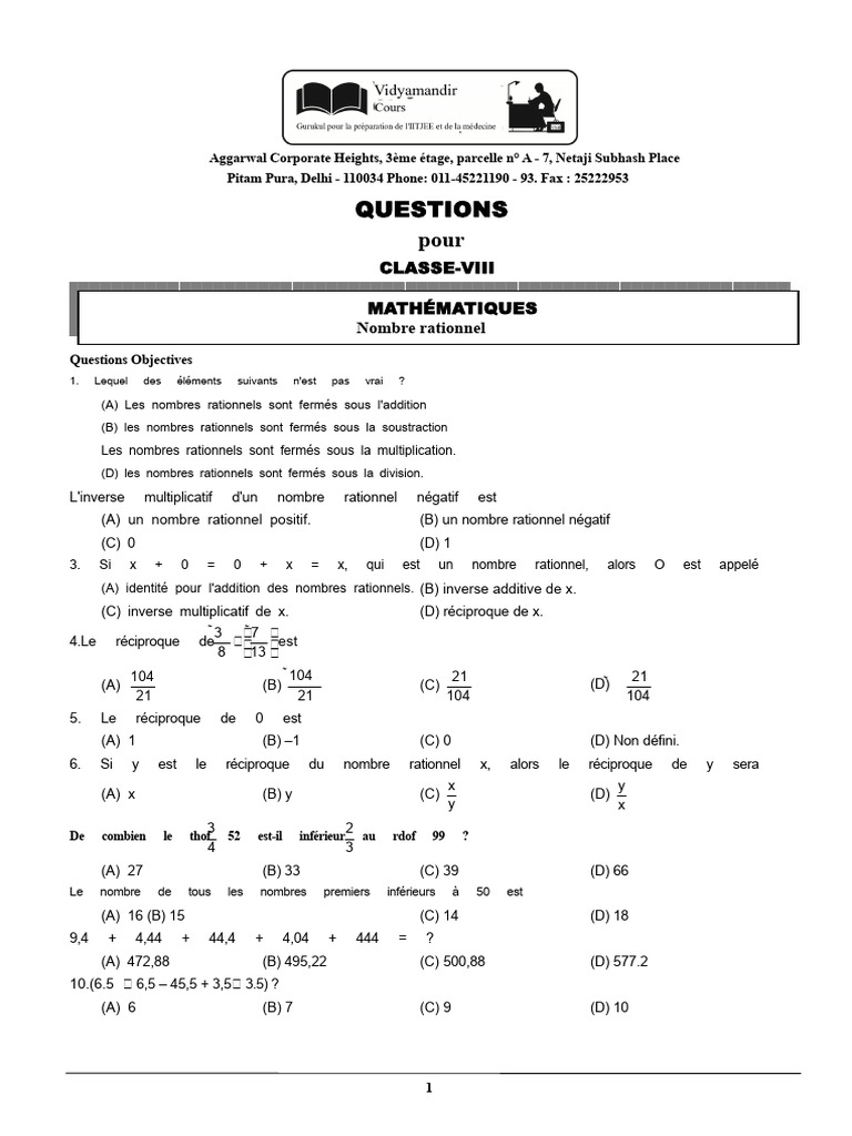 Questions de mathématiques pour la classe VIII | PDF | Nombre rationnel ...