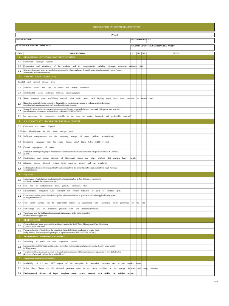 Environmental Inspection Checklist | PDF | Waste | Waste Management