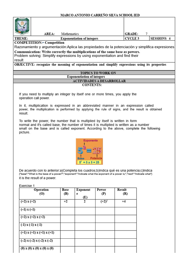Exponentiation of Integers for Grade 7 | PDF | Exponentiation ...