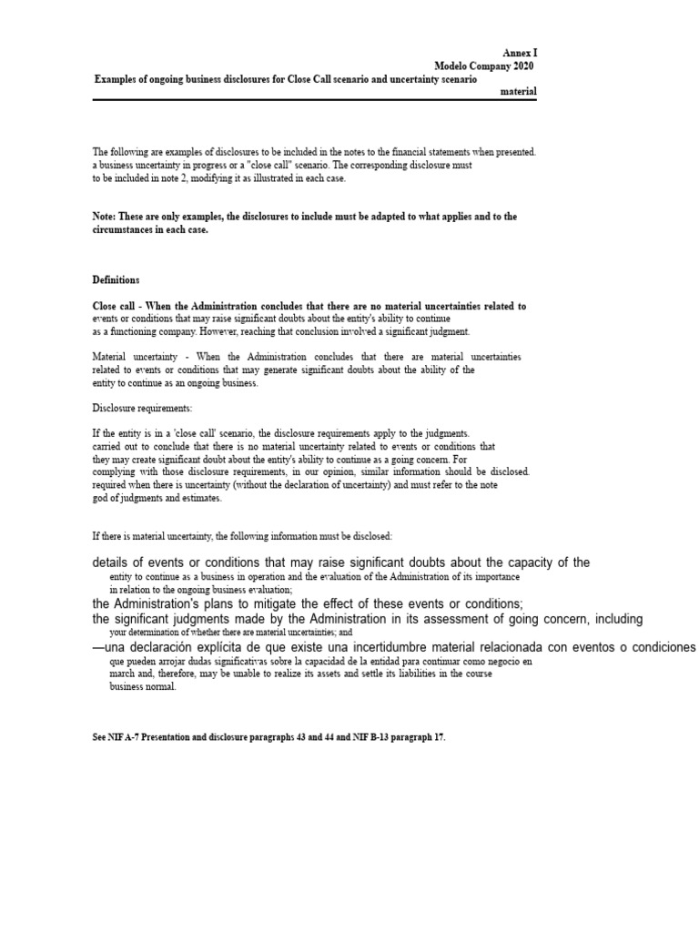 Business Disclosures for Close Call Scenarios | PDF | Going Concern ...