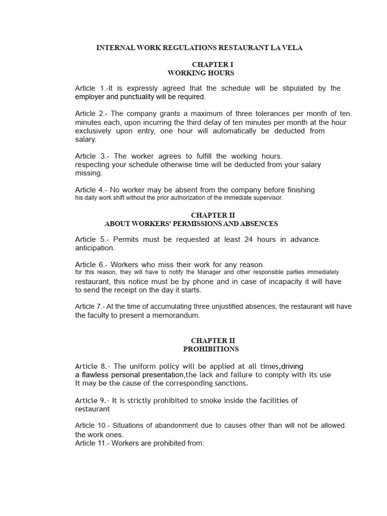 Internal Work Regulations of Restaurant La Vela | PDF | Working Time ...
