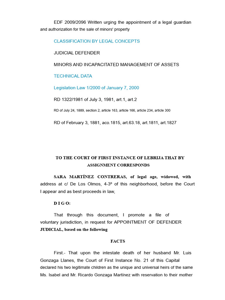 Written urging the appointment of a legal guardian and authorization ...