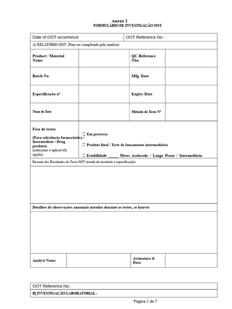 Formulário de Investigação OOT | PDF | Amostragem (Estatística) | Técnicas