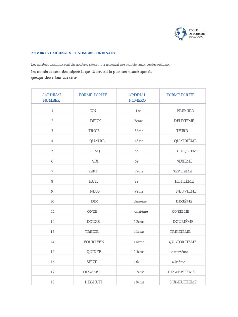 Nombres cardinaux et ordinaux en français | PDF