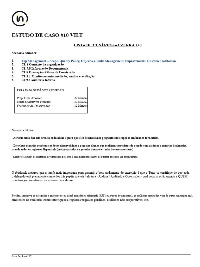 Cenário de Entrevistas de Auditoria CS 10 Czerka - 2021 Vilt | PDF