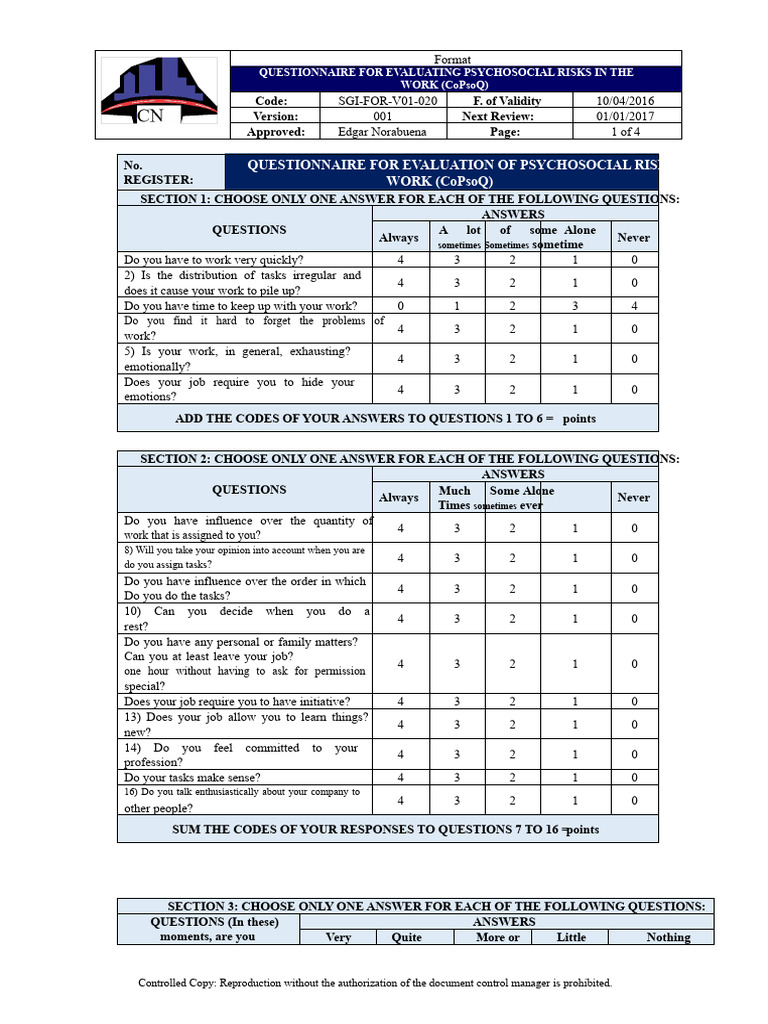 SGI-For-V01-020 - Psychosocial Risk Assessment Questionnaire in The ...