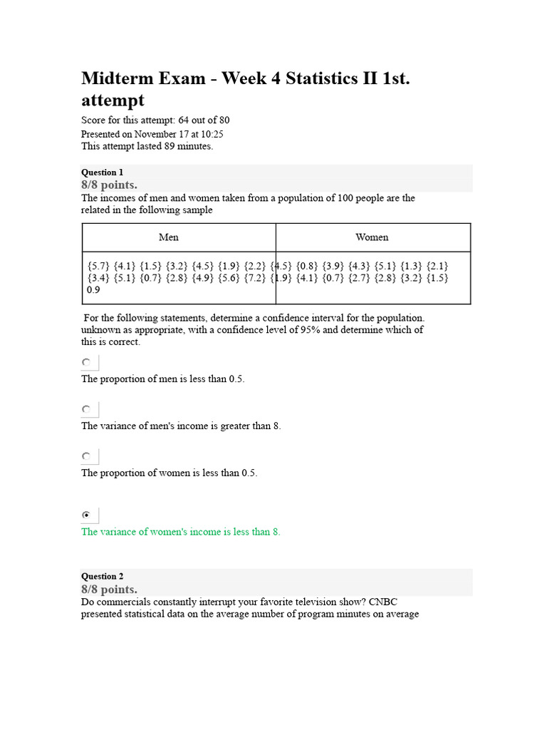 Week 4 Statistics II Midterm Exam Results | PDF | Standard Deviation ...