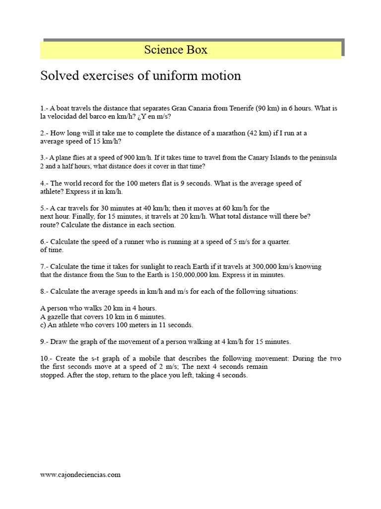 Solved Exercises of Uniform Rectilinear Motion (MRU) | PDF | Speed ...