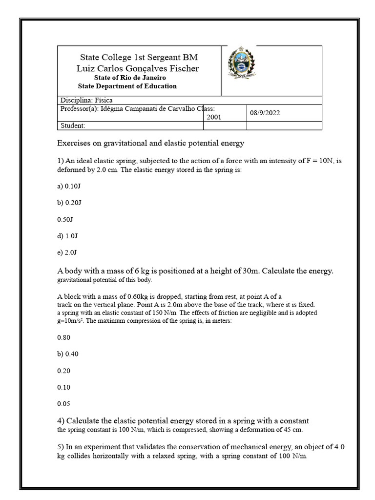 Exercises on Gravitational and Elastic Potential Energy | PDF ...