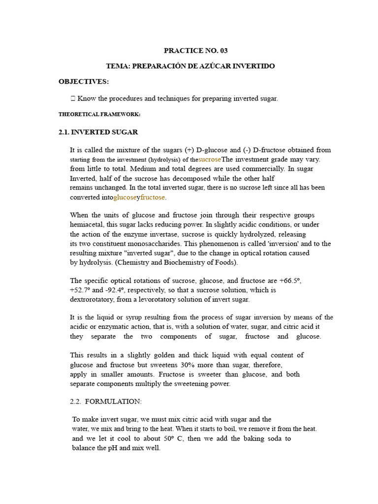 Inverted Sugar Preparation Guide | PDF | Fructose | Sucrose