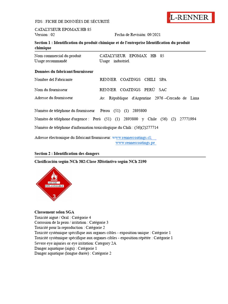 Fiche de sécurité : Catalyseur Epomax HB 85 | PDF | La combustion