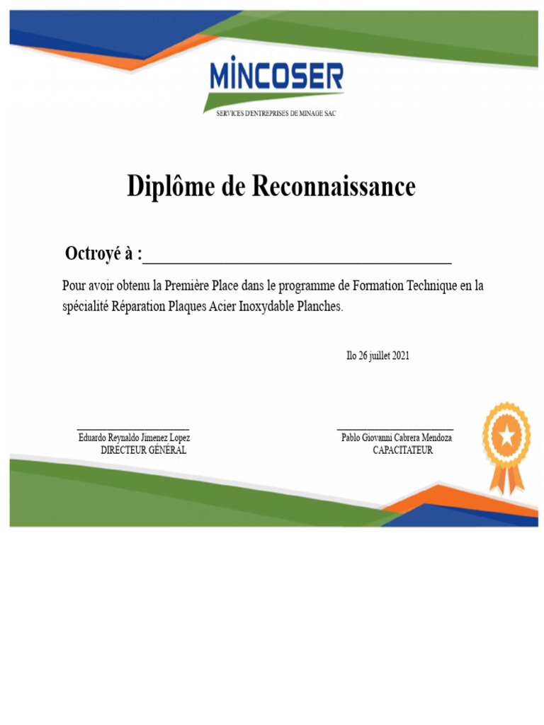 Diplôme de Reconnaissance en Réparation Inox | PDF