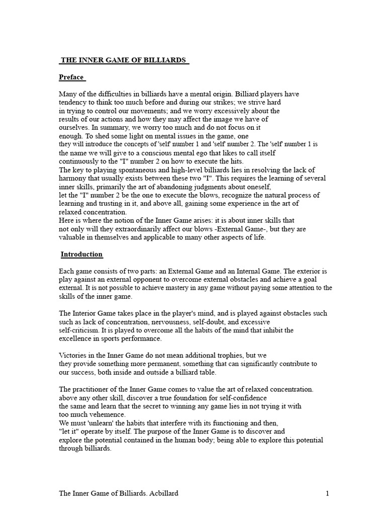 The Inner Game of Billiards I. Introduction to Objectives and General ...