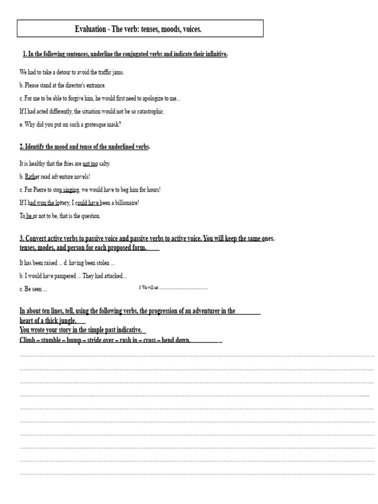 Tenses Moods Voices 5th Printable Test On The Verb | PDF