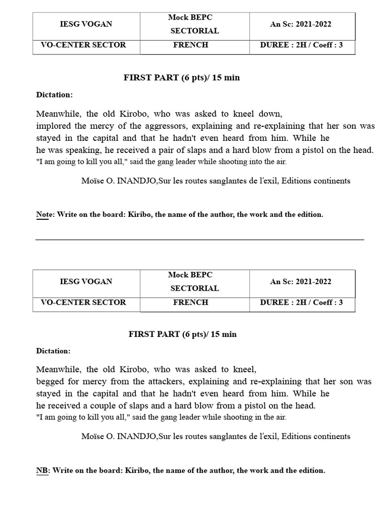 Mock BEPC Exam: French & English Sections | PDF | Immigration | Illegal ...