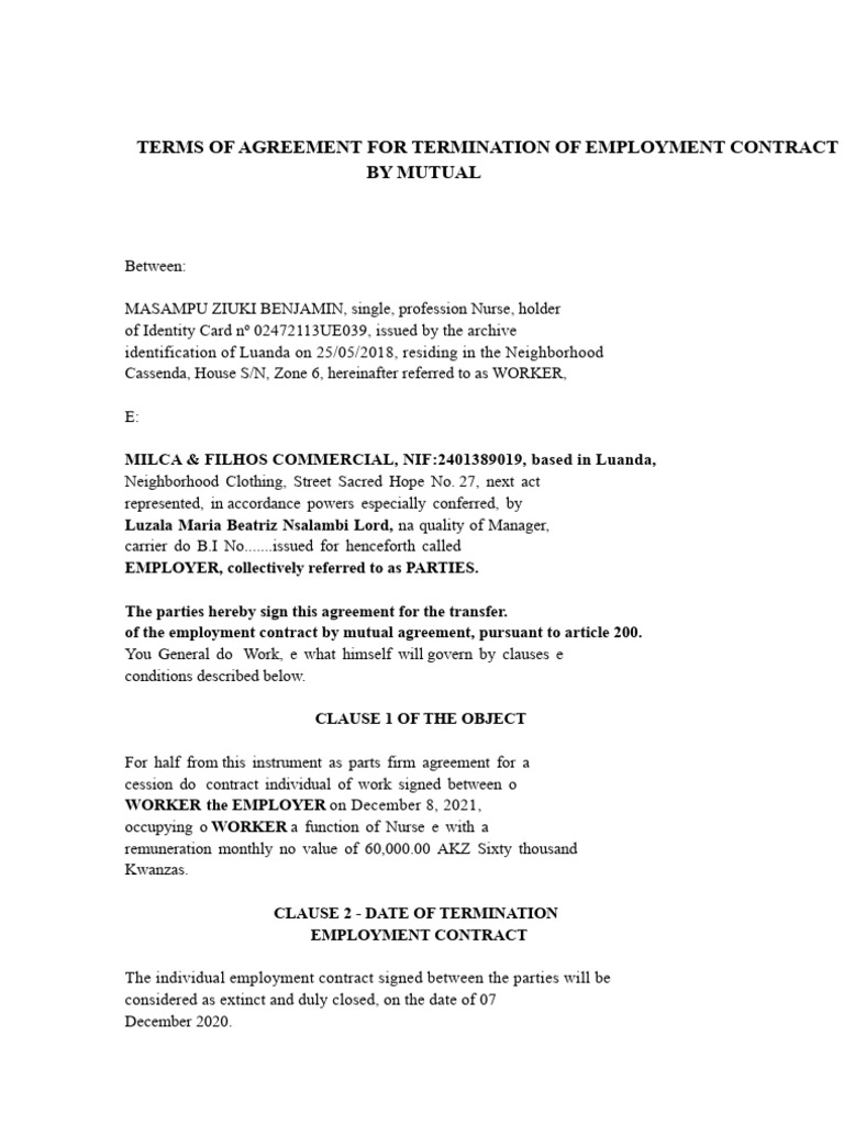 Term of Agreement For Termination of Contract by Mutual Consent | PDF ...
