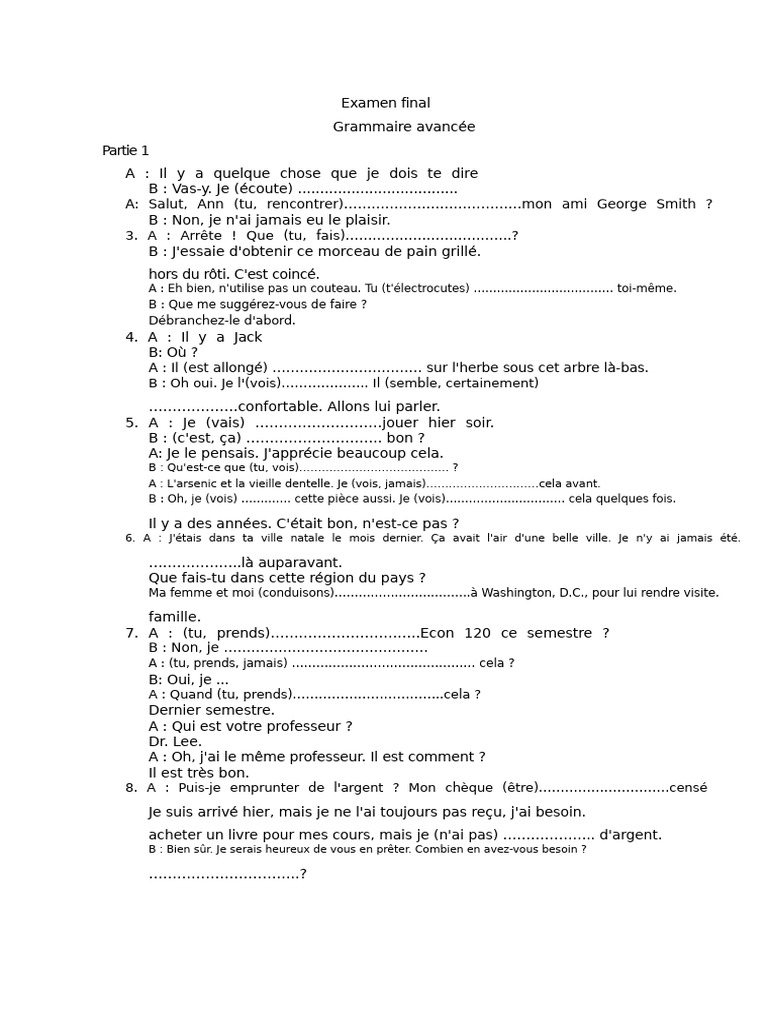Examen de grammaire avancée A2-B1 | PDF