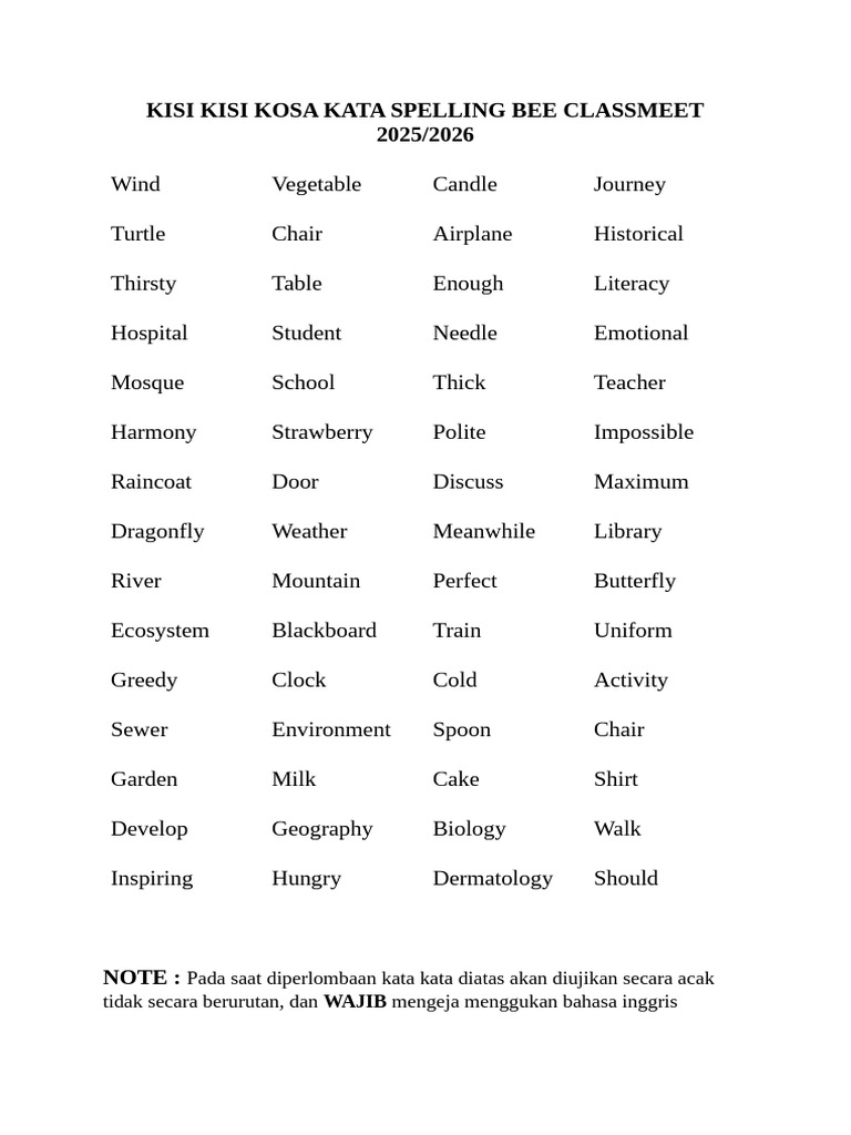 Spelling Bee Word List 2025/2026 | PDF