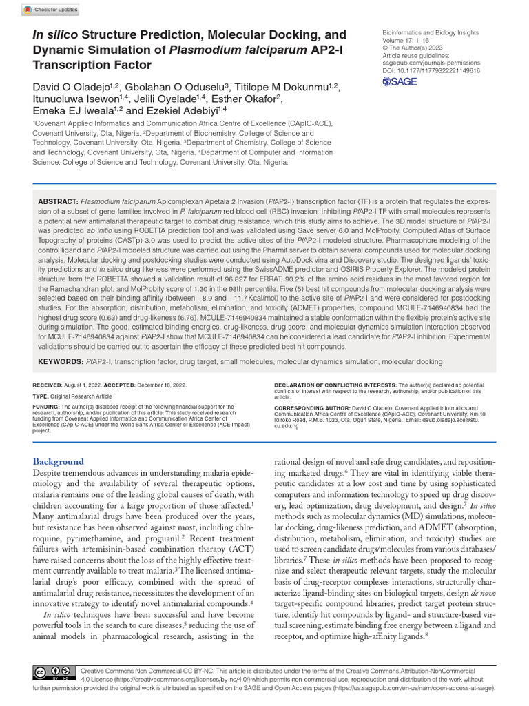 8. Oladejo Et Al. 2023( Pf AP2 Invasion) | PDF | Docking (Molecular ...