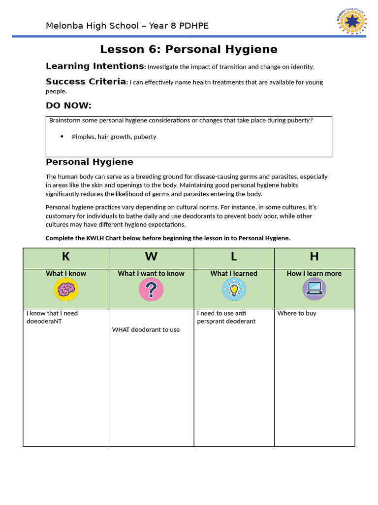 Year 8 Personal Hygiene Guide | PDF | Skin Care | Toiletry