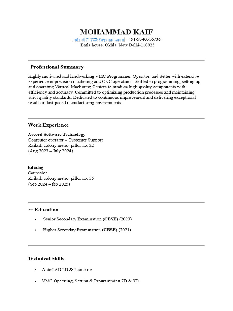 VMC Programmer Resume - Mohammad Kaif | PDF