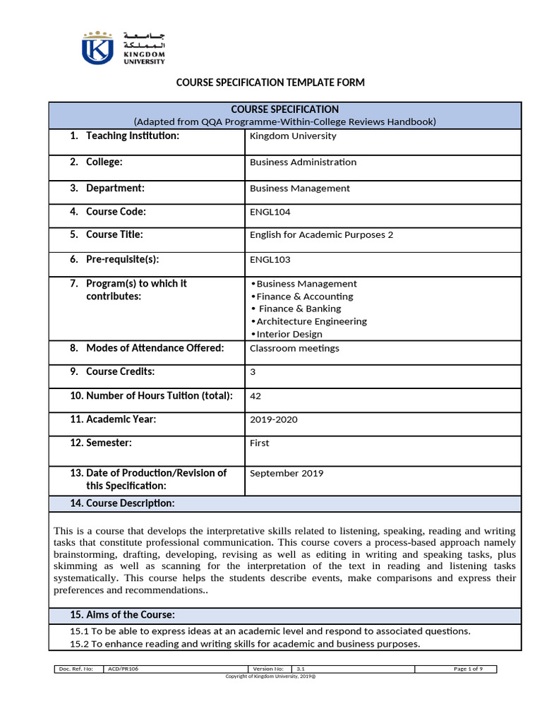 ENGL 104 Course Specification | PDF | Academic Dishonesty | Test Of ...