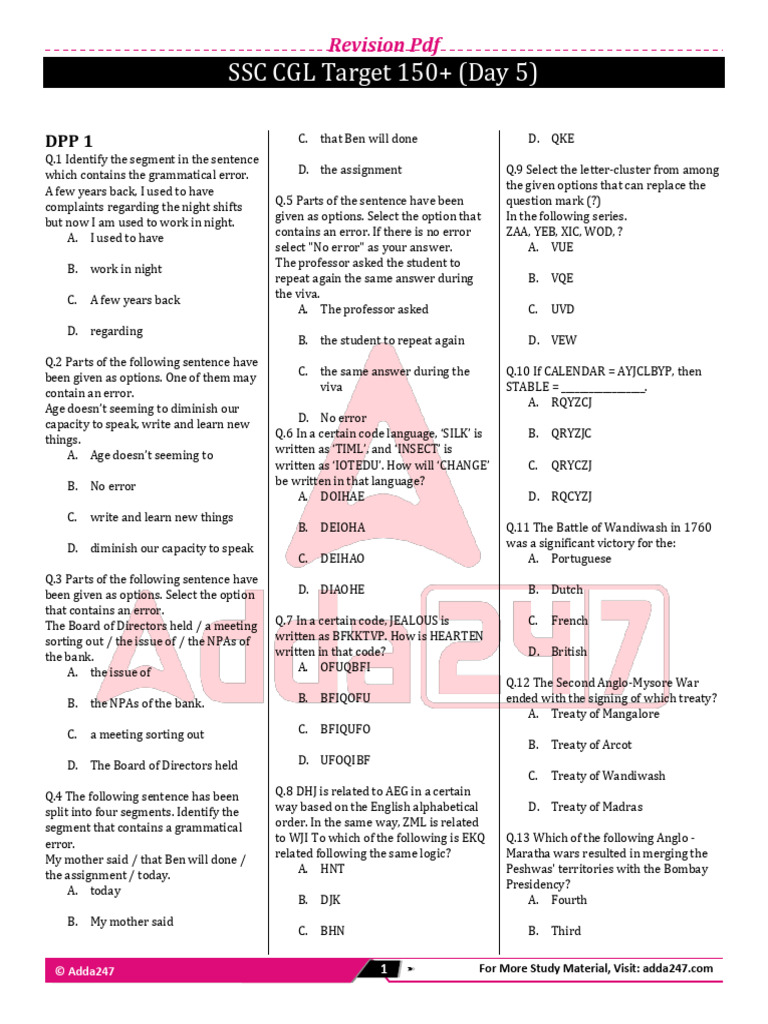 SSC CGL 150+ Marks Success Series (Revision PDF for Day 5)_9725 | PDF