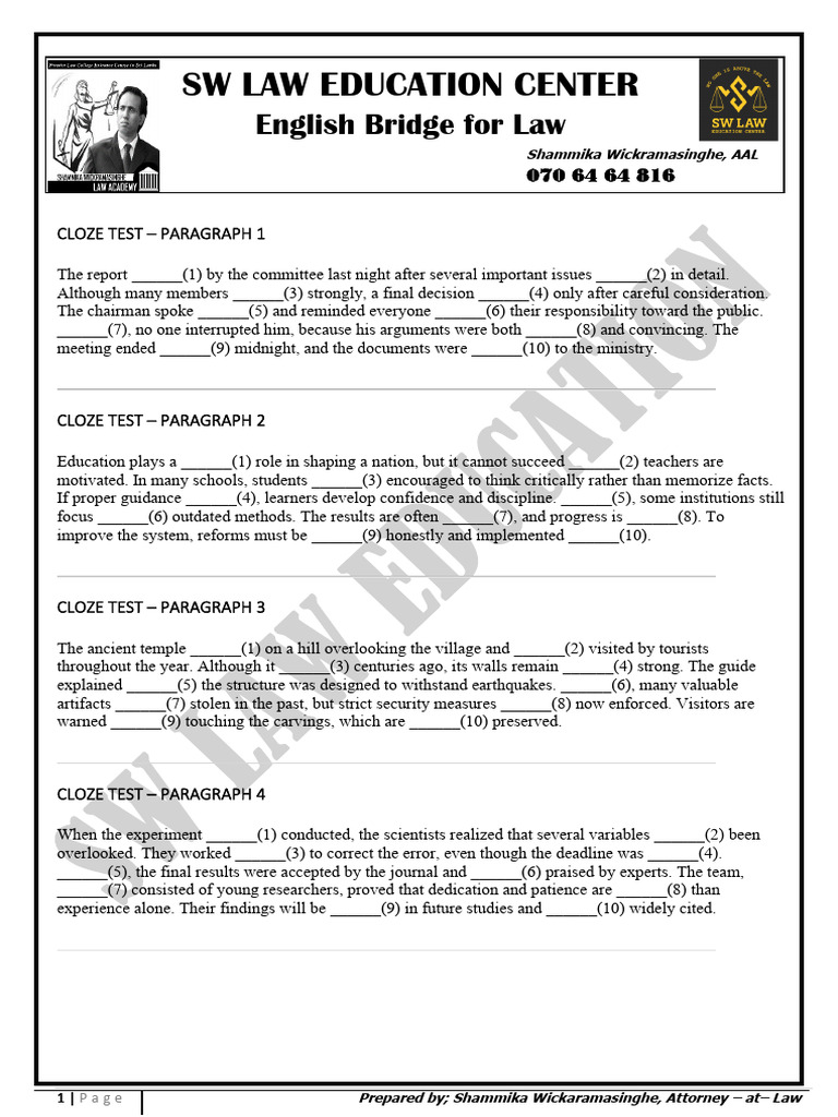 Cloze Test for English Proficiency | PDF