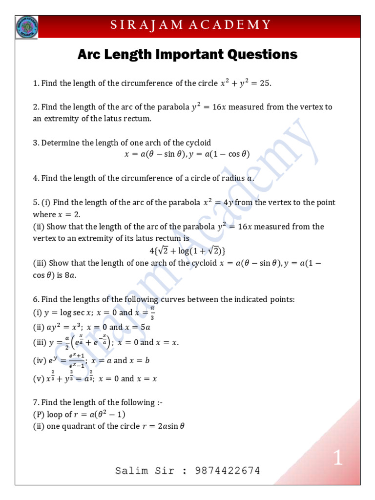 Arc Length Problems and Solutions | PDF | Circle | Curve
