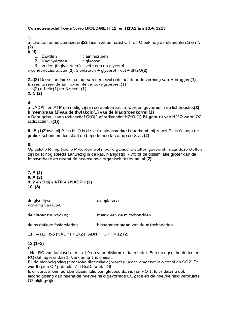 Correctiemodel Toets 5vwo BIOLOGIE hfd 12 en 13.2,3,4 1213 | PDF