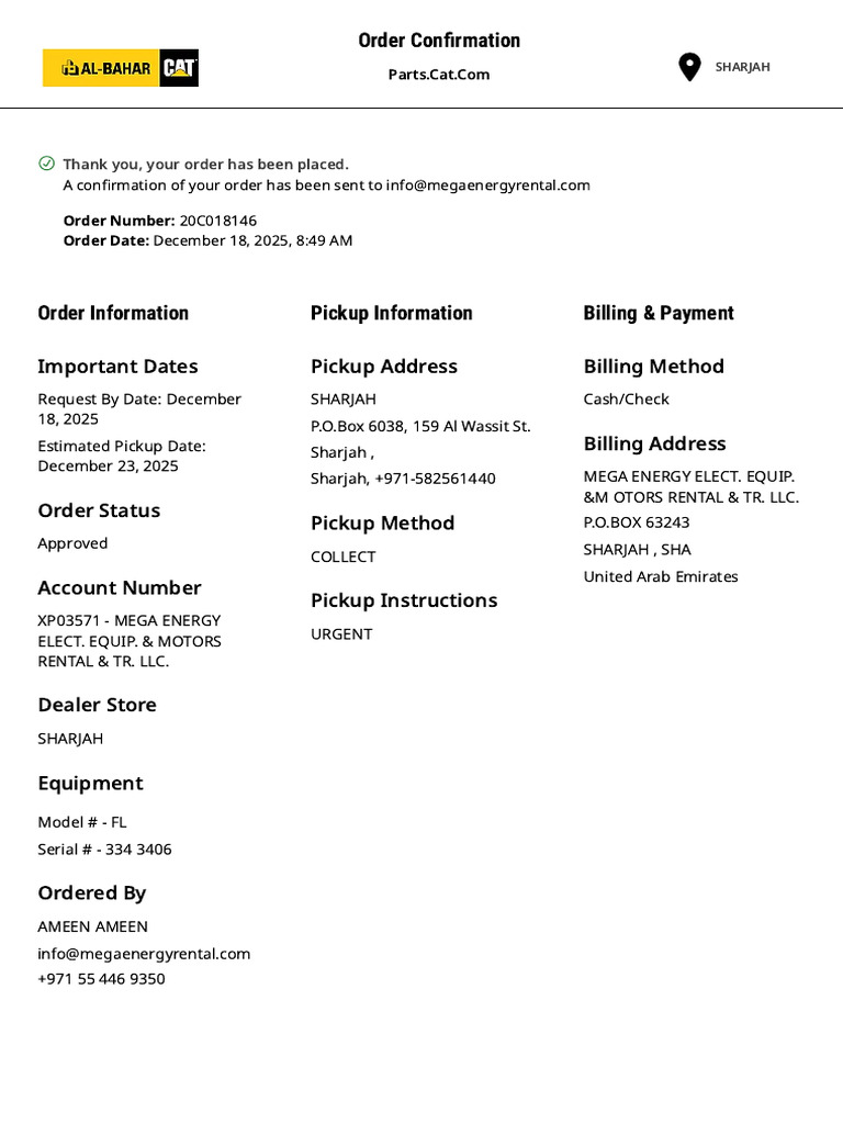 Order Confirmation for Equipment Rental | PDF