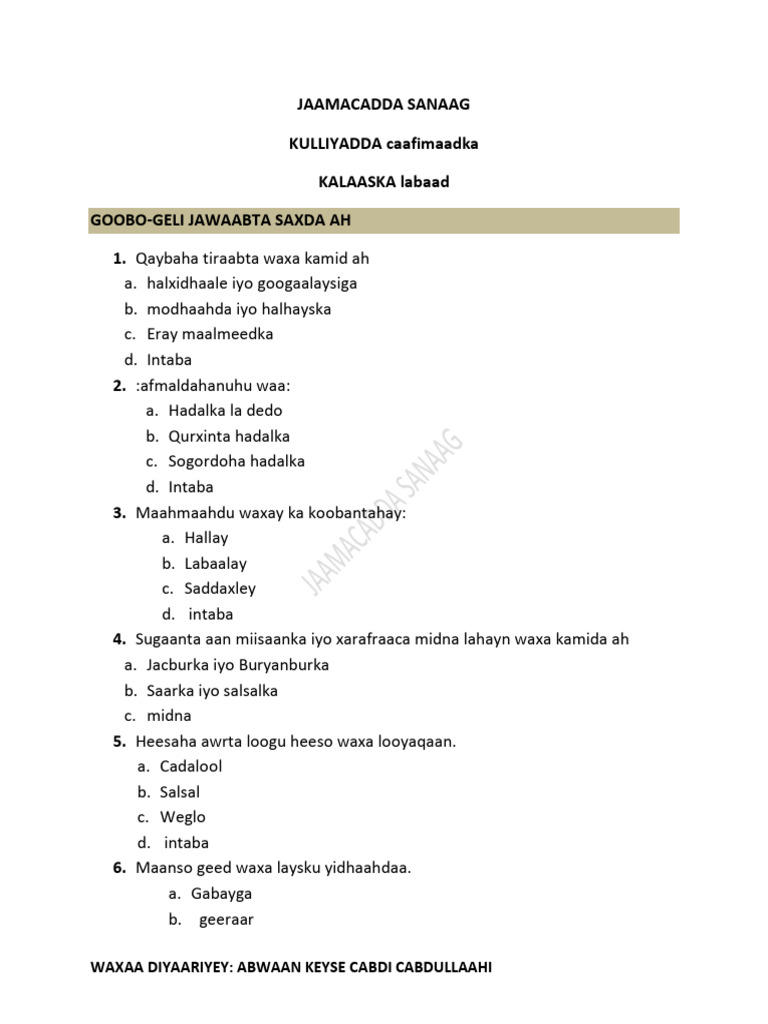 Imtixaan Af-Soomali Jamacada Sanaag | PDF