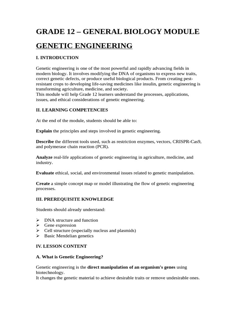 Grade 12 Genetic Engineering Module | PDF | Genetic Engineering ...
