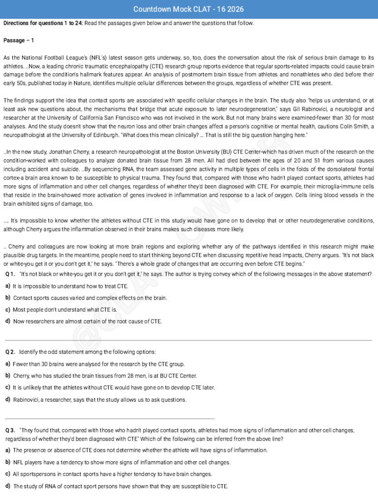 Cl • Countdown Mock 16 @Clat_owner | PDF | Chronic Traumatic ...