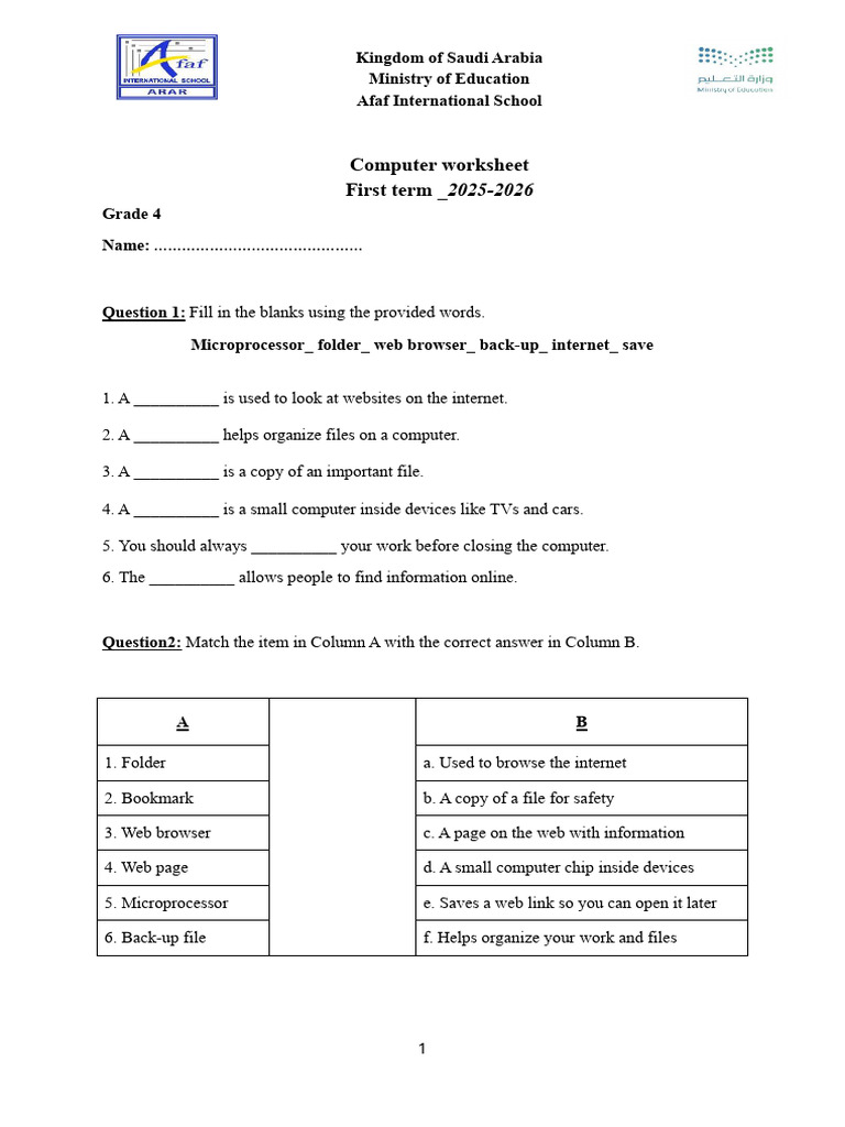 Grade 4 Computer Worksheet 2025-2026 | PDF | Computer File | World Wide Web