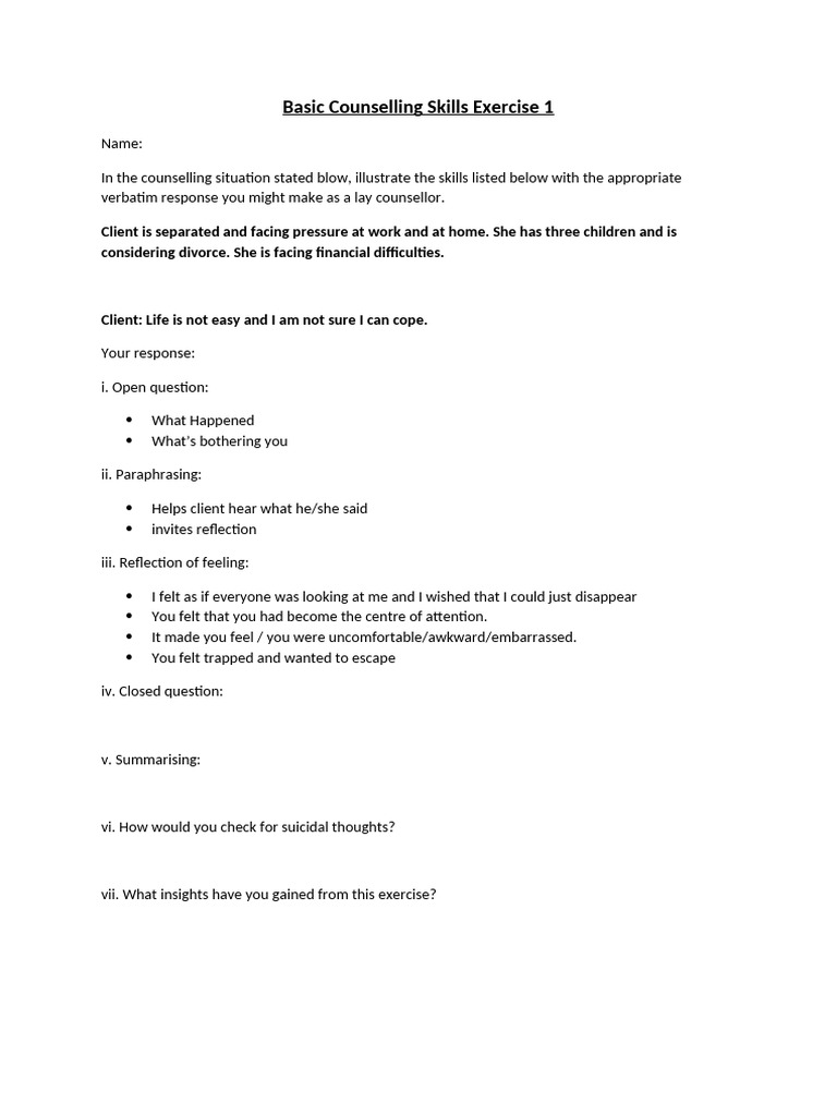 Basic Counselling Skills Exercise 1 | PDF