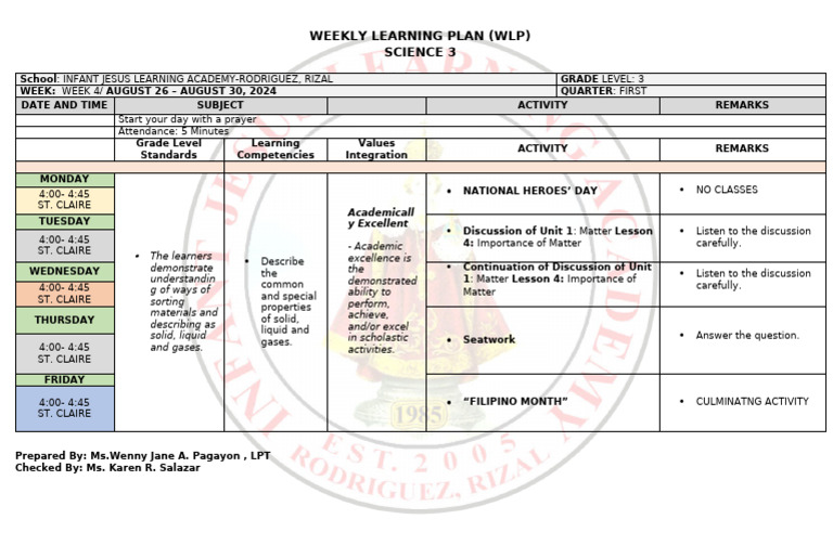 Weekly Science Learning Plan for Grade 3 | PDF